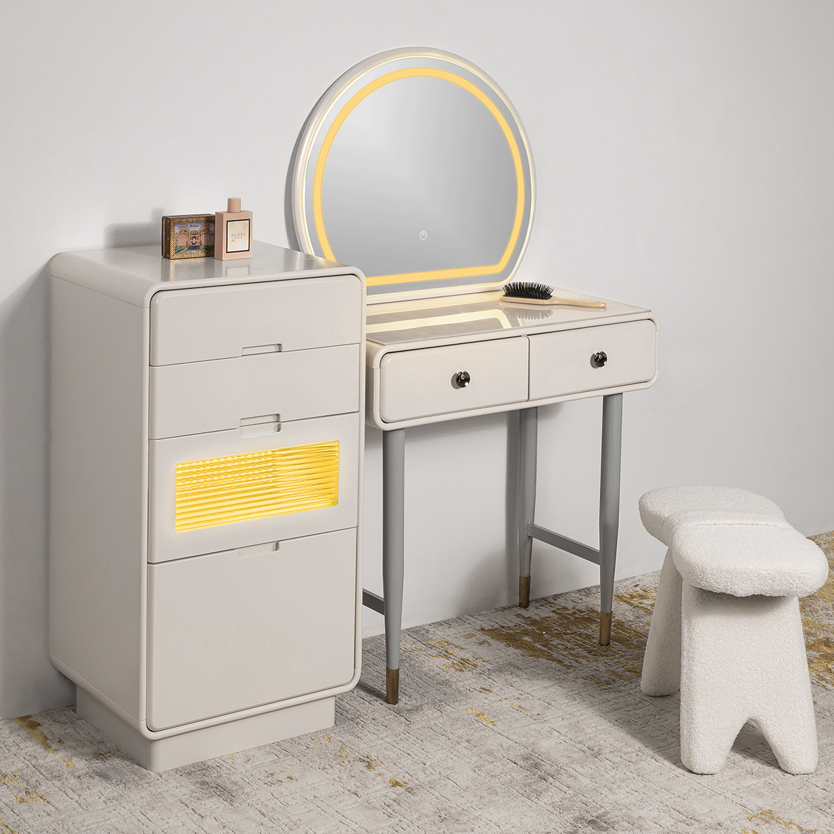 Mystic Meridian Dressing Table & Vanity Set With Mirror & Poof Chair ...