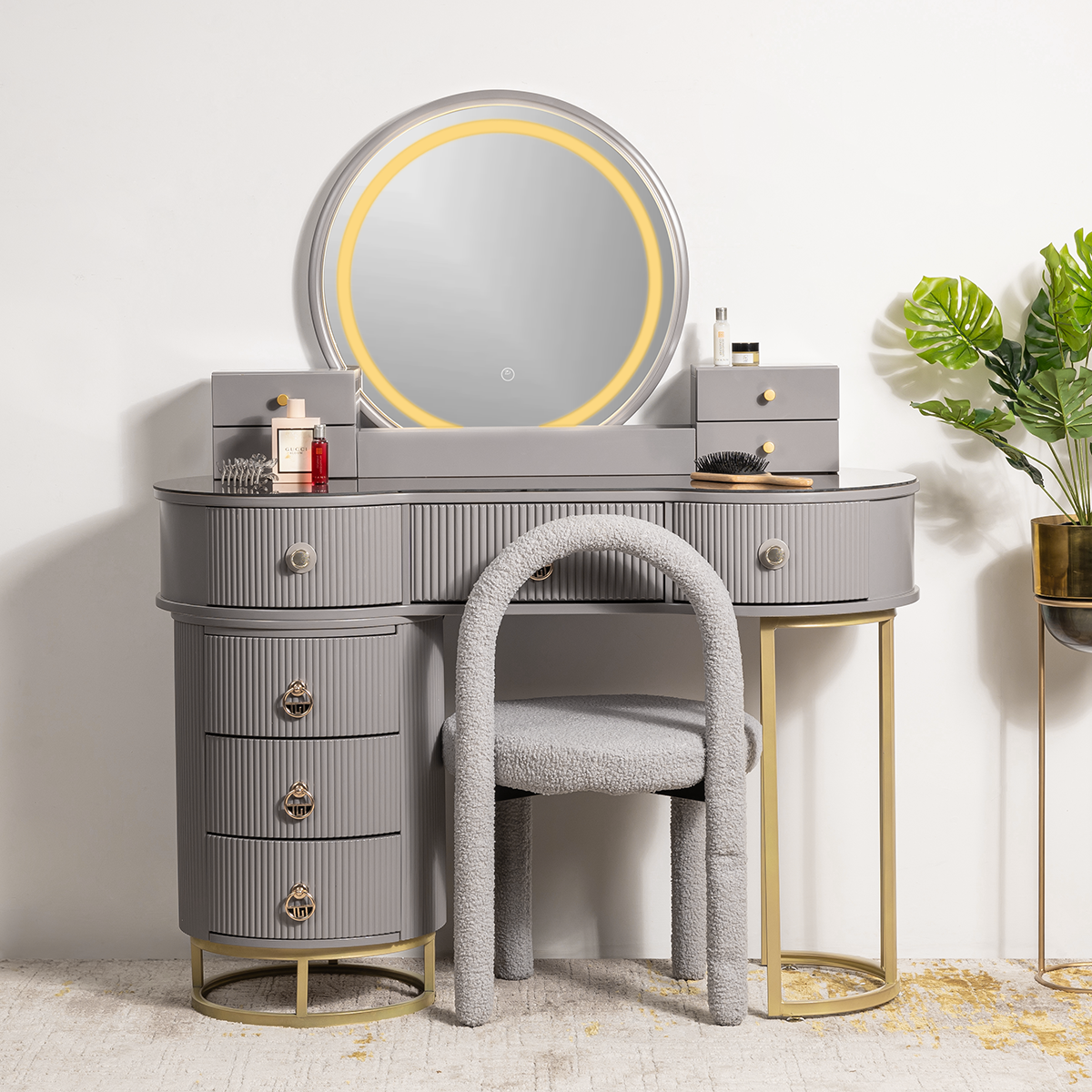 Moonlit Elegance Dressing Table & Vanity Set With Mirror & Poof Chair ...