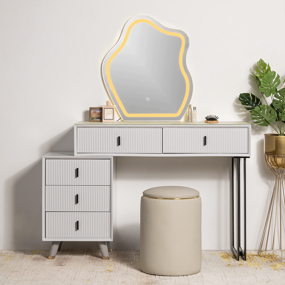Prismatic Drift Dressing Table & Vanity Set With Mirror & Poof Chair ...