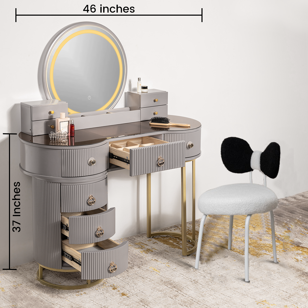 Moonlit Elegance Dressing Table & Vanity Set With Mirror & Poof Chair ...