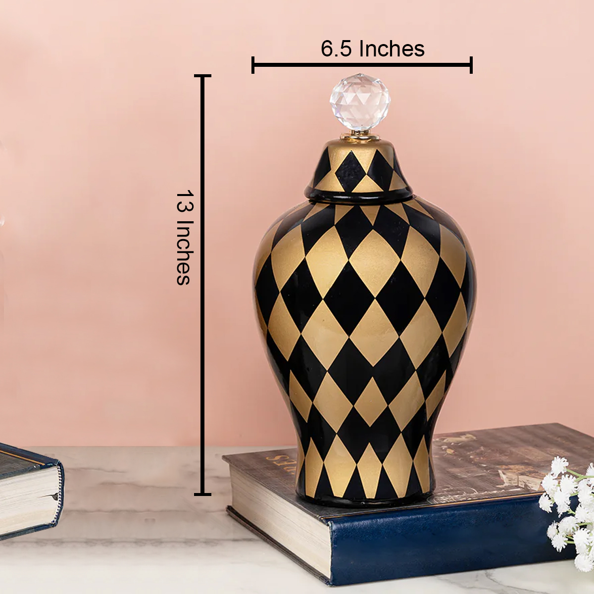 London Checker Board Ceramic Decorative Vase-Golden & Black (Small ...