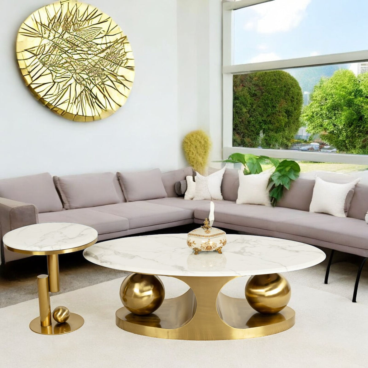 Buy Amara Gold Base Round Accent Table With Side Table-Set of 2 (BIG ...