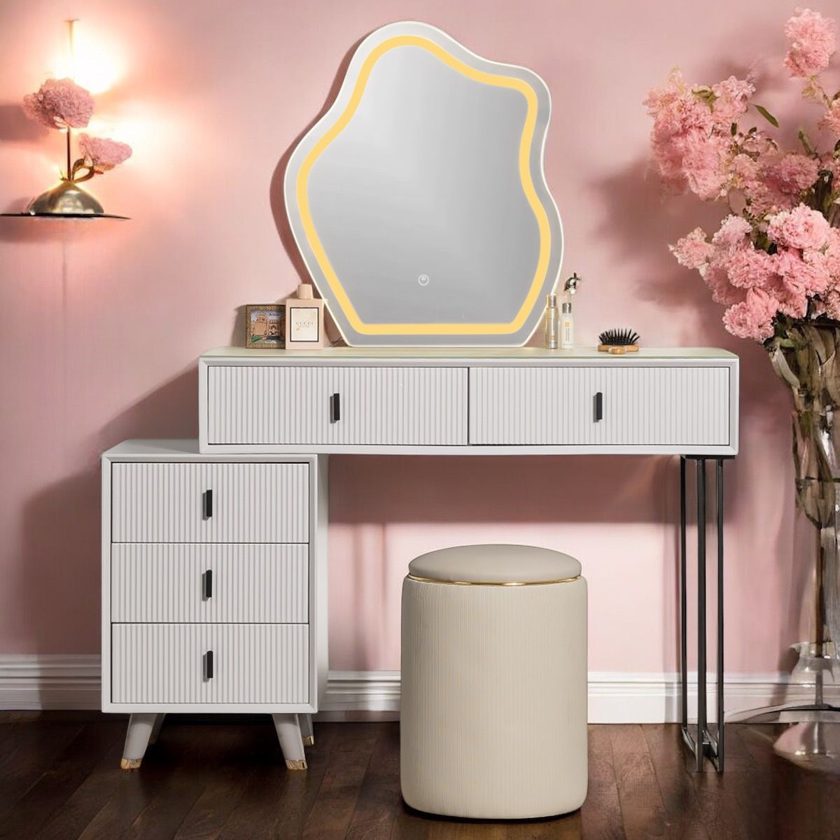 Prismatic Drift Dressing Table & Vanity Set With Mirror & Poof Chair ...